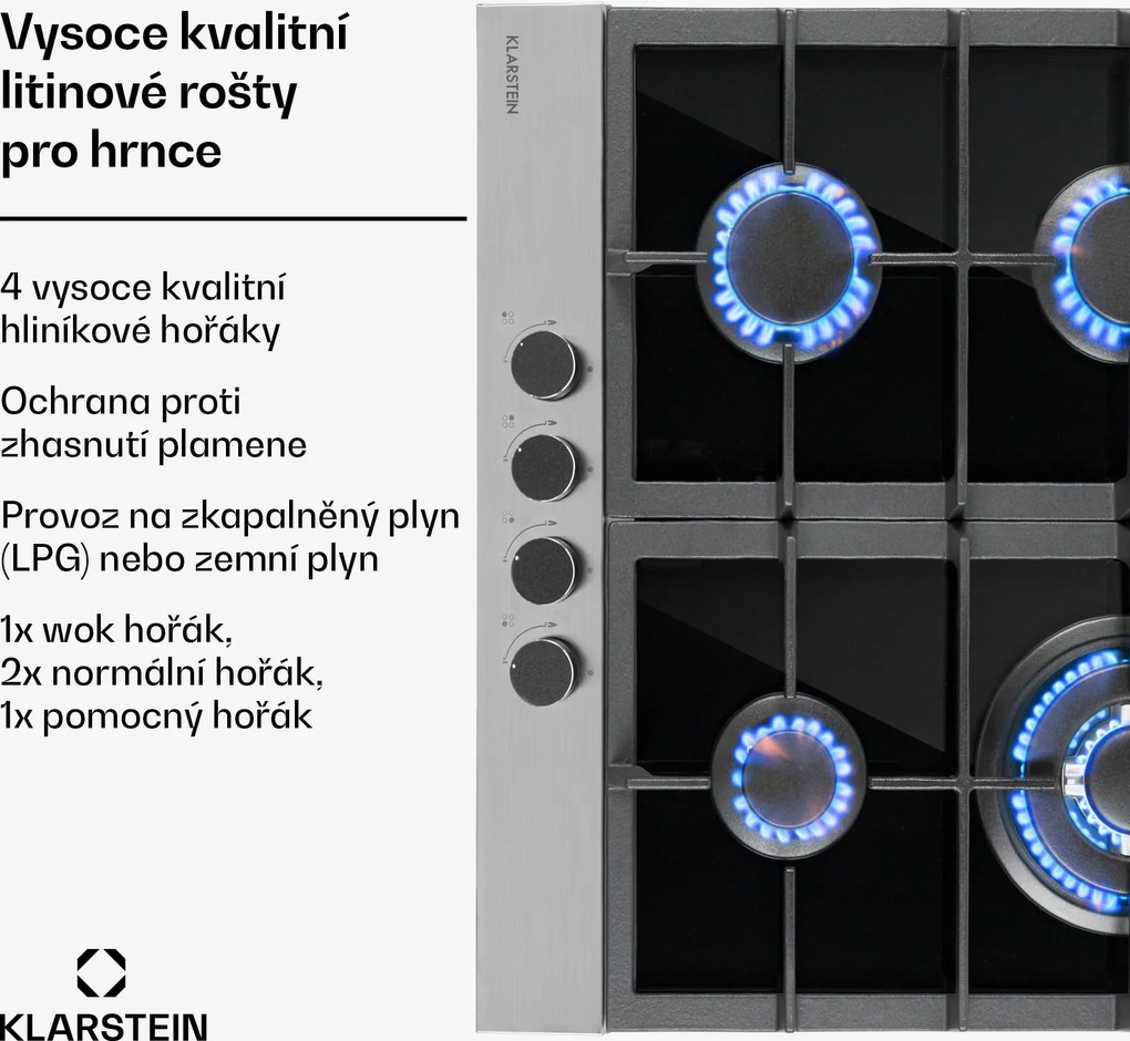 Klarstein Alchemist, plynová varná deska, 4 hliníkové hořáky, sklokeramika, černá