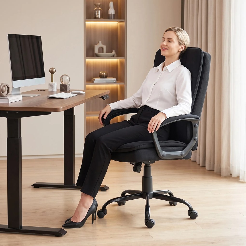 HOMCOM ergonomická kancelářská židle s dvojitým polstrováním – otočná židle s lněným efektem, nastavitelná výška, funkce houpání, nosnost 120 kg, čer…