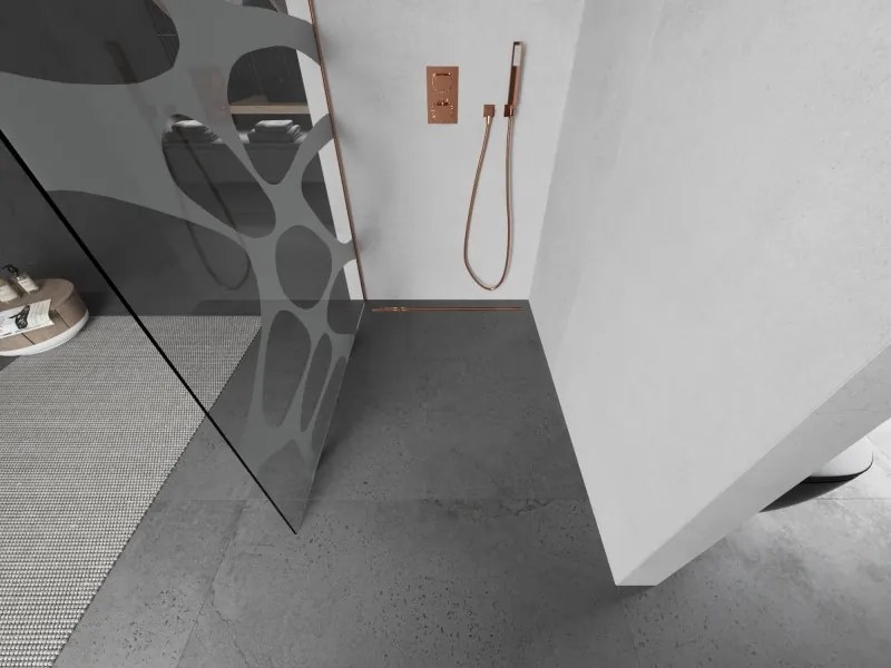 Mexen Kioto L, sprchová zástěna Walk-In 70 x 200 cm, 8mm čiré sklo bílý vzor, měděný matný profil, 800-070-103-65-85
