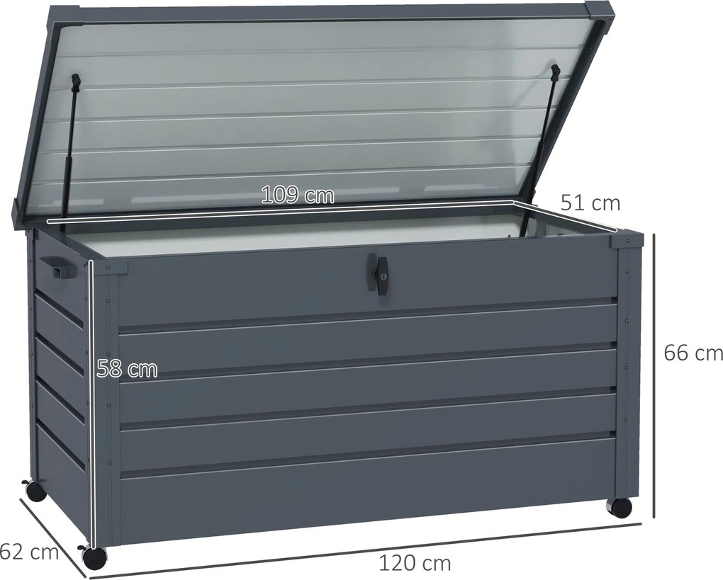 Outsunny Venkovní úložný box, zahradní box, box na polštáře, odolný proti povětrnostním vlivům, 4 kolečka, 100 x 62 x 65 cm, tmavě šedý