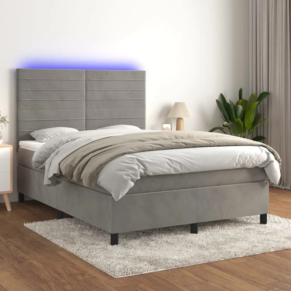 Box spring postel s matrací a LED světle šedá 140x190 cm samet