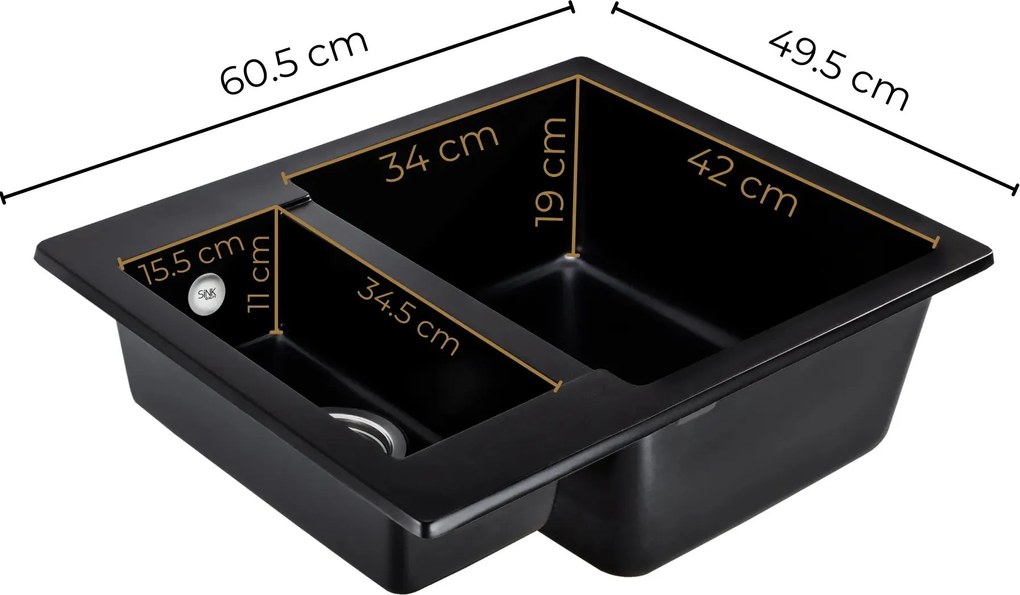 Sink Quality Ferrum, kuchyňský granitový dřez 605x495x210 mm + černý sifon, černá, SKQ-FER.C.5KBO.XB
