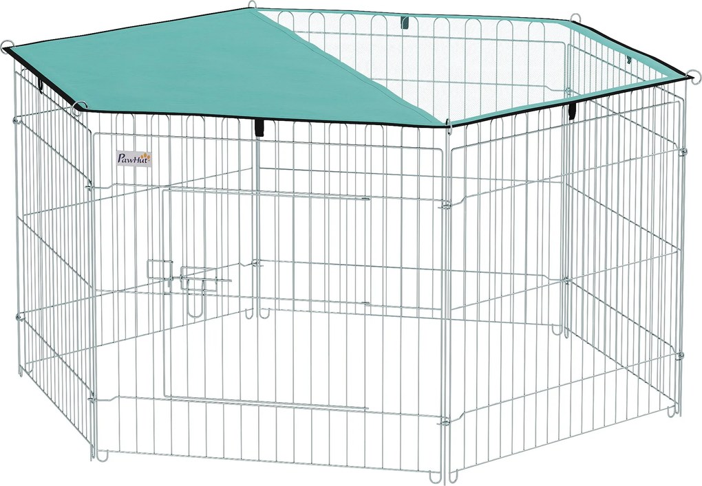 PawHut Ohrádka pro psy 6 panelů 59x60 cm Skládací kovový plot pro domácí mazlíčky s dveřmi a zámkem a stříškou pro zahradu a terasu