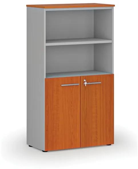Kombinovaná kancelářská skříň PRIMO GRAY, dveře na 2 patra, 1434 x 800 x 420 mm, šedá/třešeň