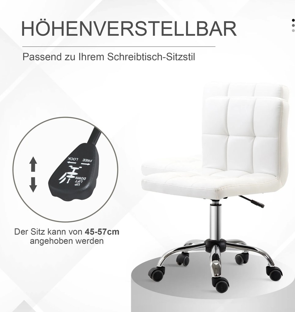 HOMCOM Kancelářská židle, ergonomická židle bez područek, výškově nastavitelná otočná židle, počítačová židle do kanceláře, studovny, umělá kůže, bílá