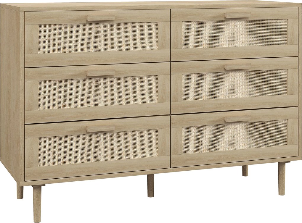 HOMCOM Skříňka s 6 zásuvkami a ratanovým předním panelem, rozměry 110 Š x 40 H x 75 V cm, vzhled světlého dřeva | Aosom