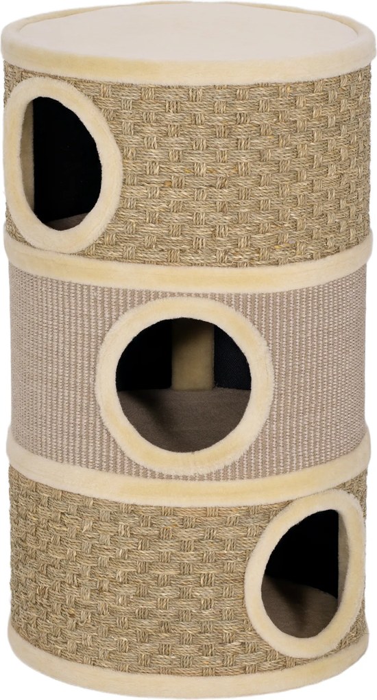 Sud na škrabadlo, výška 79 cm, Ø45 cm, třípatrový sud pro kočky se sisalovým provazem, jeskyně pro kočky, pro velké kočky, khaki+hnědá barva