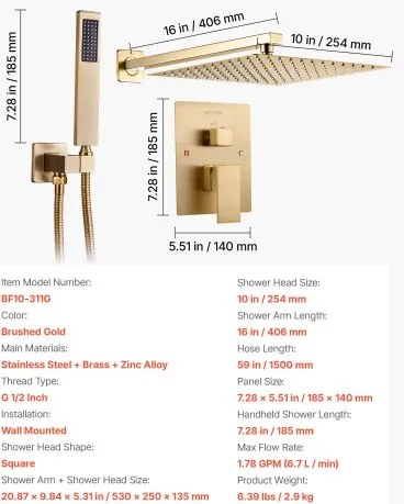 Sprchová baterie VEVOR, 254 mm – 185 × 140 mm