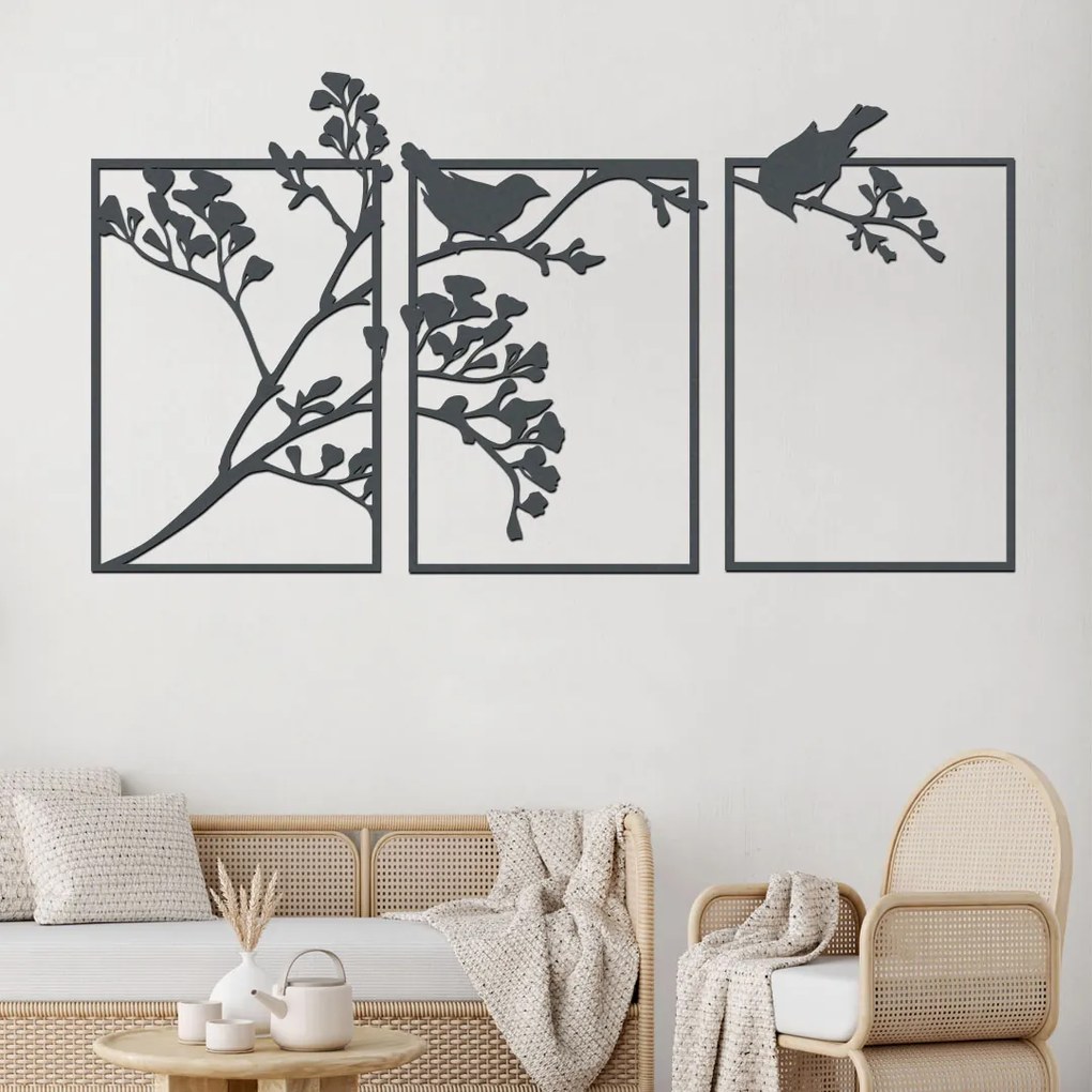 dřevo života 3 dílný dřevěný strom BIRD TREE Zvolte barvu dekoru: Antracitová, Rozměry (cm): 175x95