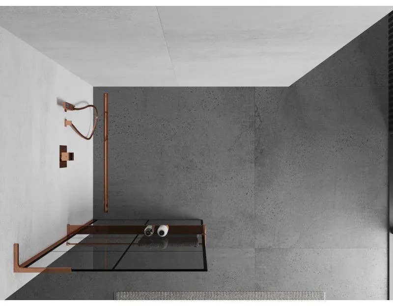 Mexen Kioto+ L, sprchová zástěna Walk-In s poličkou a věšákem 70 x 200 cm, 8mm čiré sklo černý vzor, ​​růžové zlato profil, 800-070-123-60-77