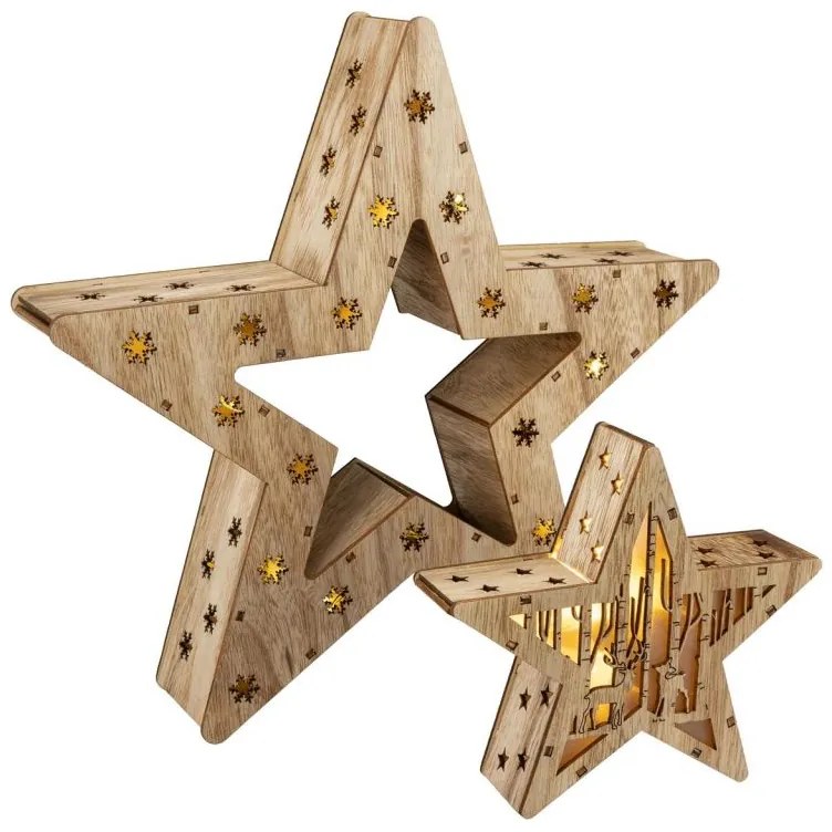 Nexos 65860 Sada 2 dřevěných vánočních hvězd - 15 LED