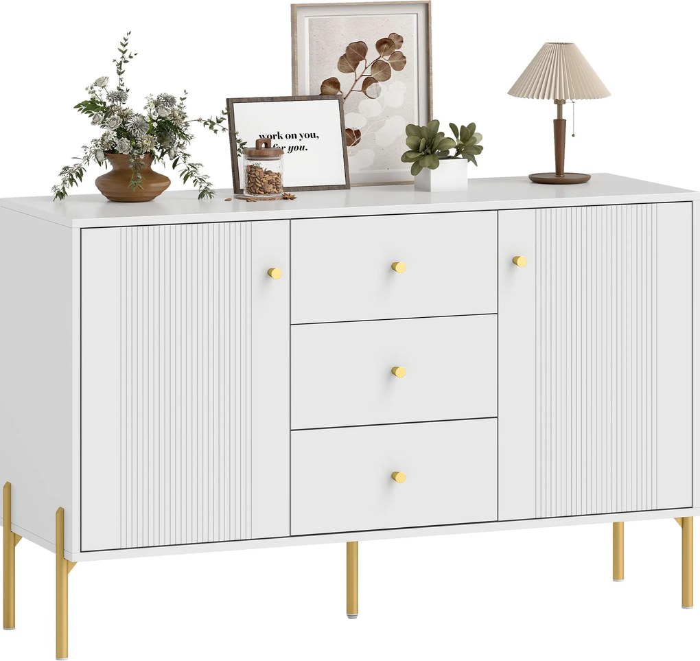 HOMCOM Moderní sideboard, nábytek do kávového koutku se 3 tichými zásuvkami, 2 nastavitelné police, 5 kovových nohou, bílé