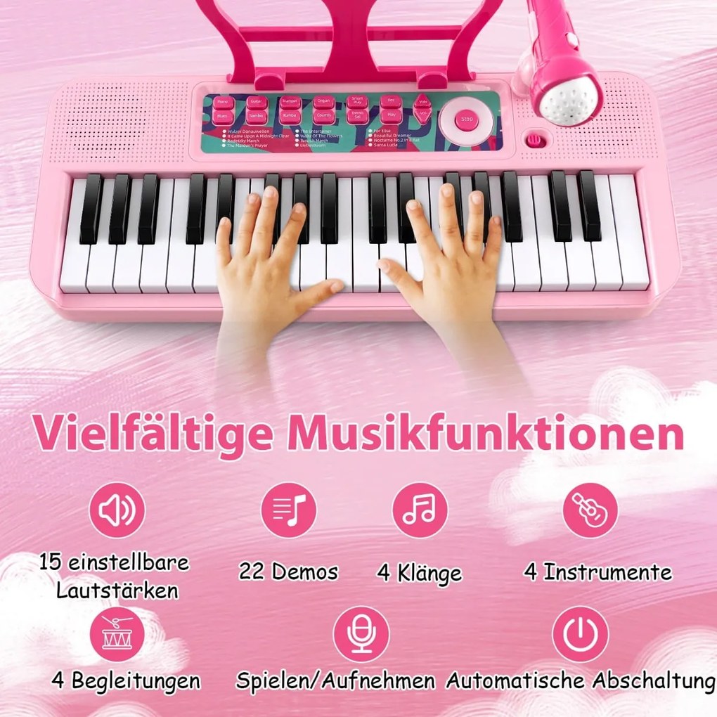 Costway Dětské elektronické piano s 37 klávesami a stoličkou, růžové