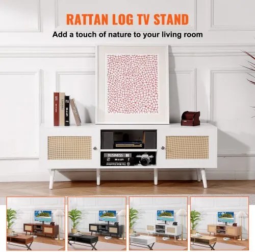 Ratanový TV stojan pro 165,1 cm TV Boho TV stojan s vestavěnou zásuvkou bílá