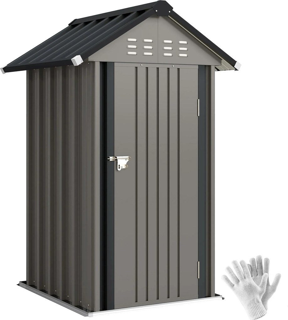 Outsunny pozinkovaný kovový zahradní domek, 1,17 m² (12,6 ft²) – větraný, uzamykatelný, se sedlovou střechou, včetně rukavic, světle šedý | Aosom