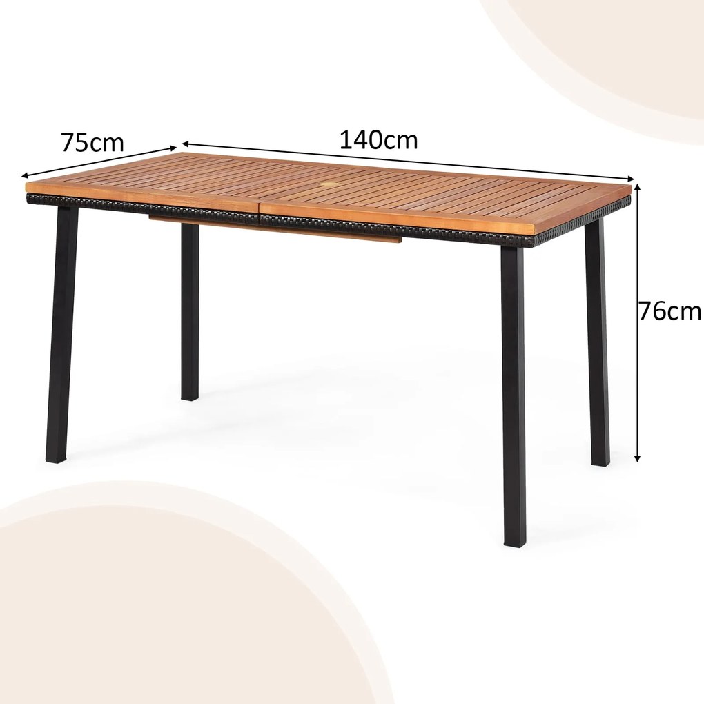 Costway Zahradní stůl s otvorem na slunečník akátové dřevo – 140 × 75 × 76 cm