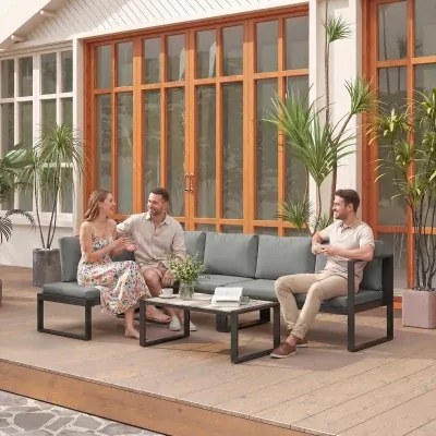 Outsunny rohová zahradní lounge pro 5 osob se 2 pohovkami, křeslo bez opěrky paží, konferenční stolek, tmavě šedá