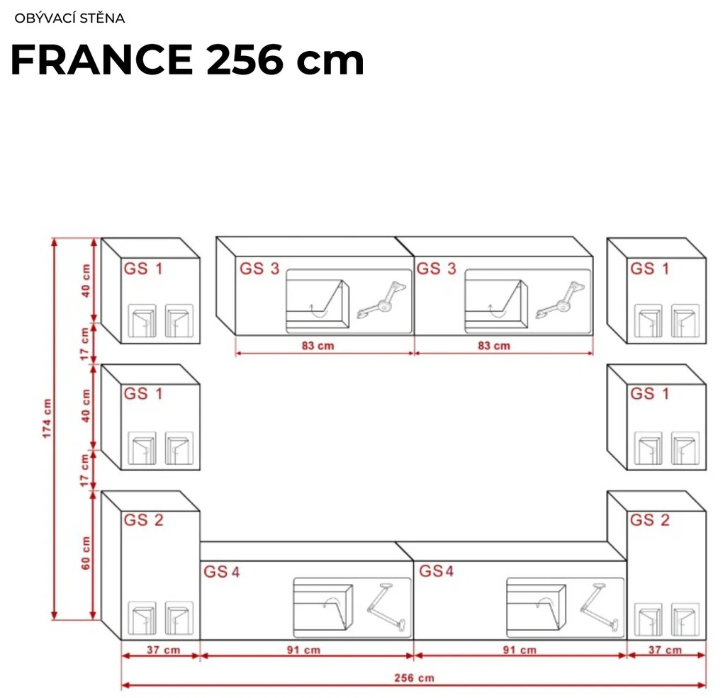 Ral Obývací stěna FRANCE 1, 256 cm - Černo-bílý llesk