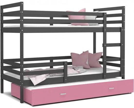 DOBRESNY Dětská patrová postel s přistýlkou JACEK 3 190x80 cm ŠEDÁ-RŮŽOVÁ