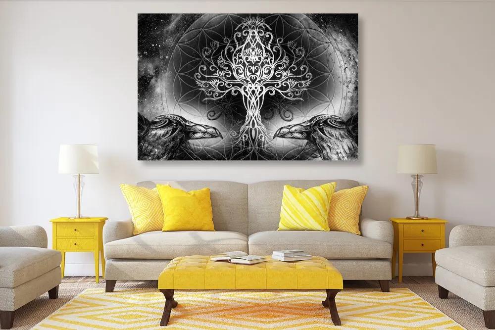 Obraz havrani a strom života v černobílém provedení Varianta: 90x60