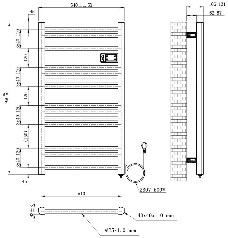 BPS-koupelny Elektrický koupelnový radiátor HYD-LOA-BL 500W 54x96 cm, černý