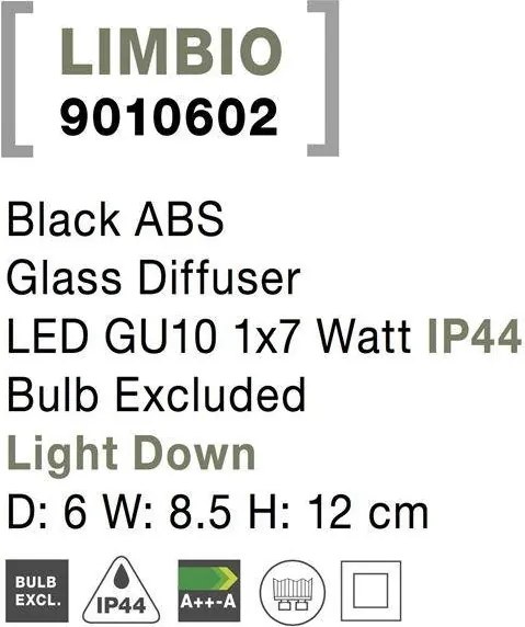 NV 9010602 Venkovní nástěnné svítidlo LIMBIO černý ABS skleněný difuzor GU10 1x7W bez žárovky IP44 světlo dolů - NOVA LUCE