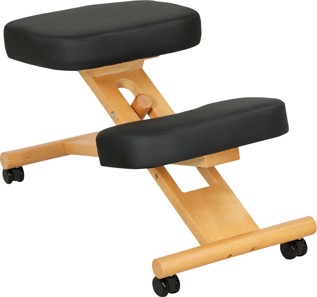 HOMCOM Ergonomická Výškově Nastavitelná Kolenní Židle, Ergonomická Židle do Kanceláře a Domova, Dřevěný Kolenní Stolek na Kolečkách, Černá