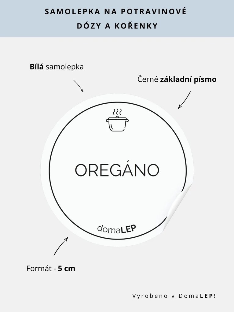 Samolepka na kořenky OREGÁNO bílá 5 cm základní písmo