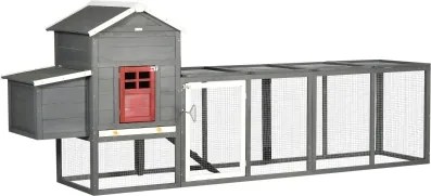 PawHut velký dřevěný kurník 300x66x116 cm s hnízdním boxem, výběh, vysouvací zásuvka, bitumenová střecha, rampa, šedá