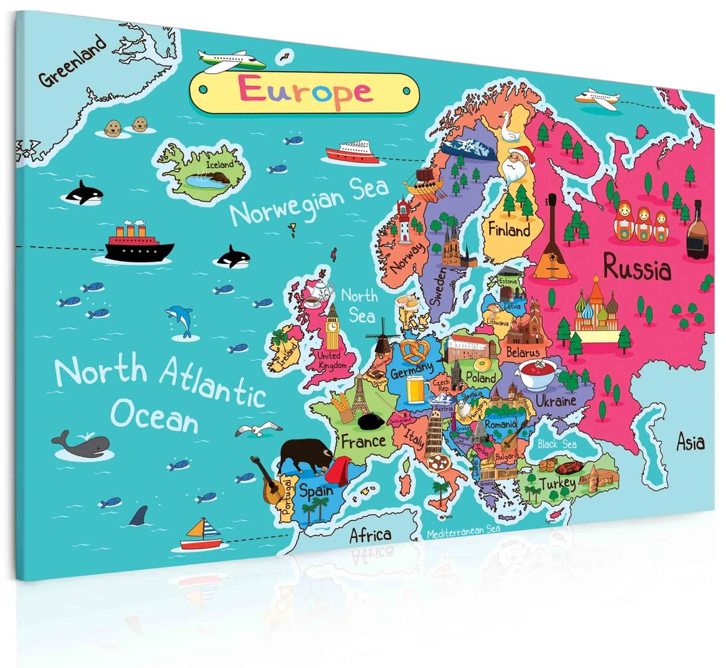 Malvis ® Dětský obraz Mapa Evropa Velikost: pětidílný obdélník - 150x70 cm