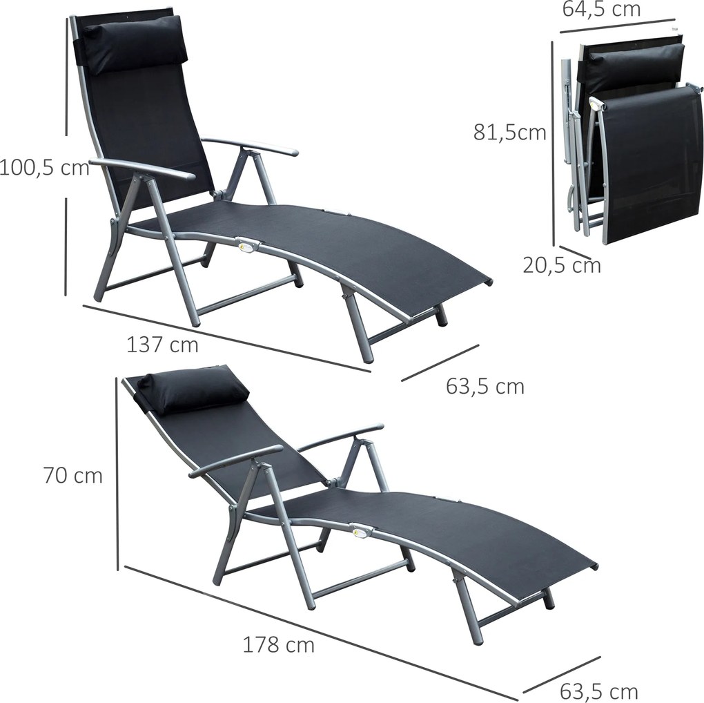 Outsunny skládací zahradní lehátko s polštářem 137x63,5x100,5cm kov a látka černá na pláž a terasu | Aosom.de