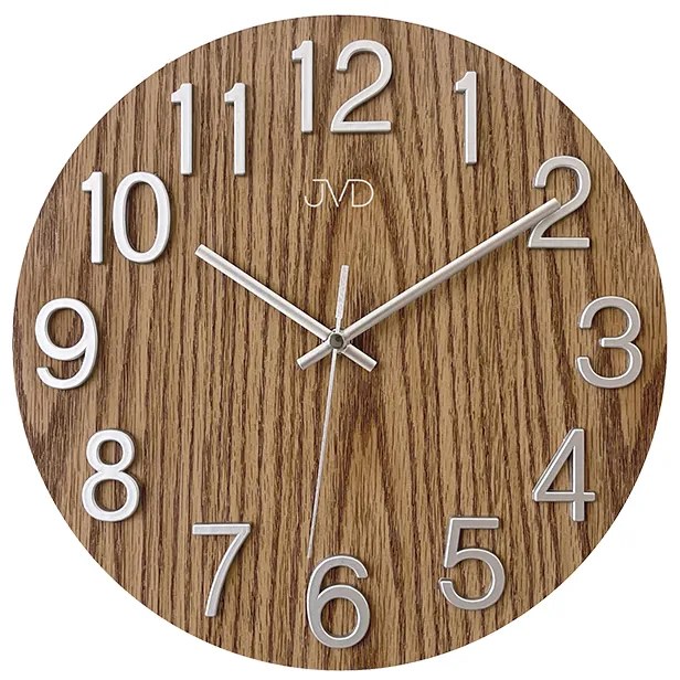 JVD Skleněné hnědé kulaté čitelné nástěnné hodiny v imitaci dřeva JVD HT98.9