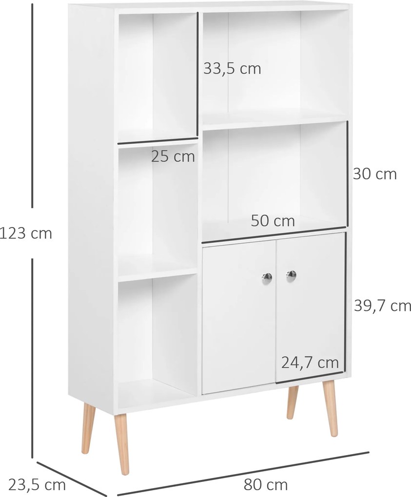 HOMCOM Skandinávská Knihovna s Úložným Prostorem, rozměry 80 Š x 23,5 H x 123 V cm, 5 nik, skříňka, 2 dveře, zúžené nohy z masivního borovicového dře…