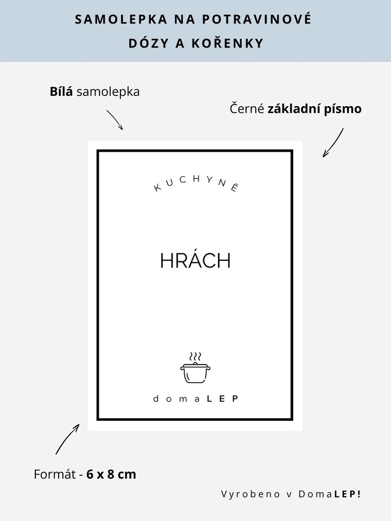 HRÁCH – bílá samolepka na dózu, základní písmo, 6 × 8 cm | DomaLEP