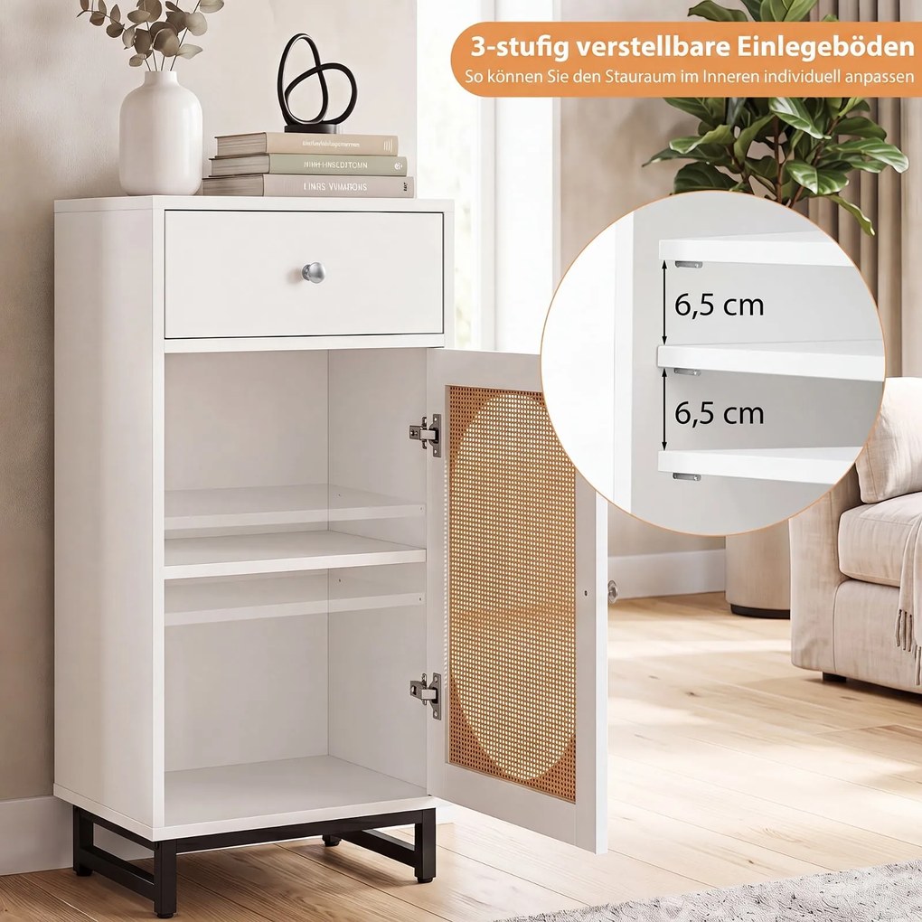 Costway Ratanový noční stolek s dvířky a zásuvkou Boho s – 40 × 30 × 91 cm