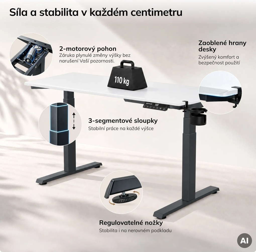 Elektrický stůl s nastavením výšky ergonomický antracitově-bílý, 1400x700 mm: ARIA