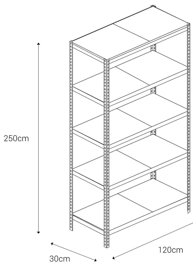 Bezšroubové kovové regál 250x120x30cm L profil, 5 polic