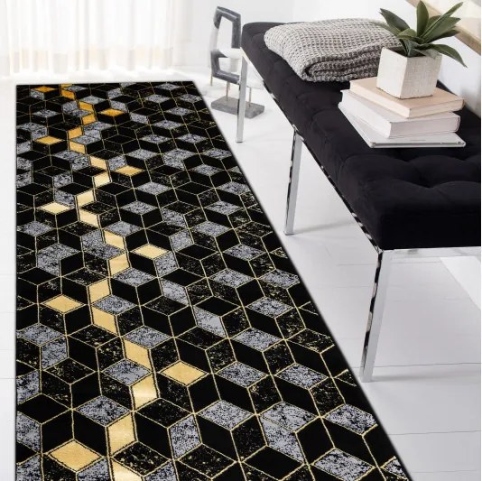 Dywany Łuszczów, Běhoun Gloss 400B 86 3D geometric black/gold, 70x300, černá, obývací pokoj