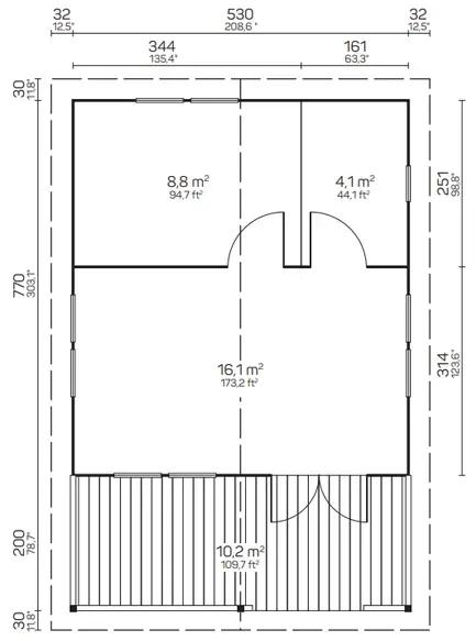 Domek Timotej 530x790cm, 70mm, 3 pokoje, terasa