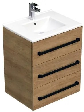 Koupelnová skříňka s černou úchytkou a umyvadlem SAT Cube Way 60x76,5x46 cm dub Hickory mat CUBE46C603DHMOD