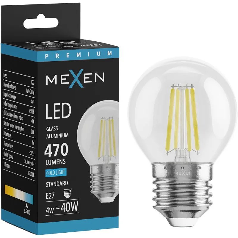 Mexen Vintis Žárovka filament LED E27, G45, 4W, Studená - 6500K, 470 lm, čirá - L156-E27-0465-00