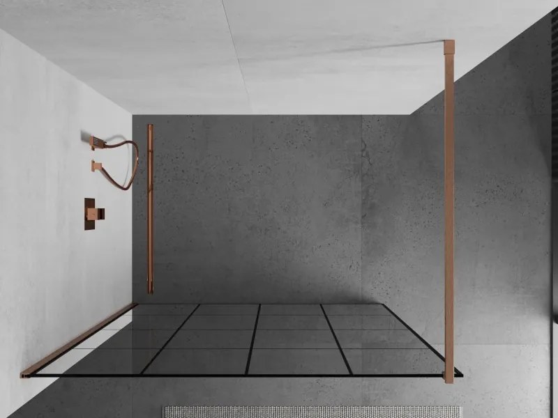 Mexen Kioto, sprchová zástěna Walk-In 130 x 200 cm, 8mm čiré sklo černý vzor, ​​měděný matný profil, 800-130-101-65-77