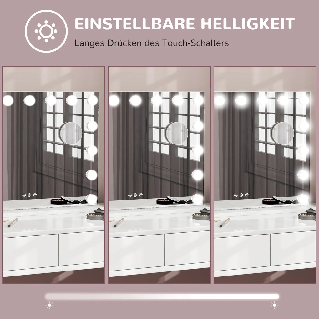 HOMCOM LED kosmetické zrcadlo, 3 režimy světla, stmívatelné, dotykové ovládání, USB, 58x48cm, bílá