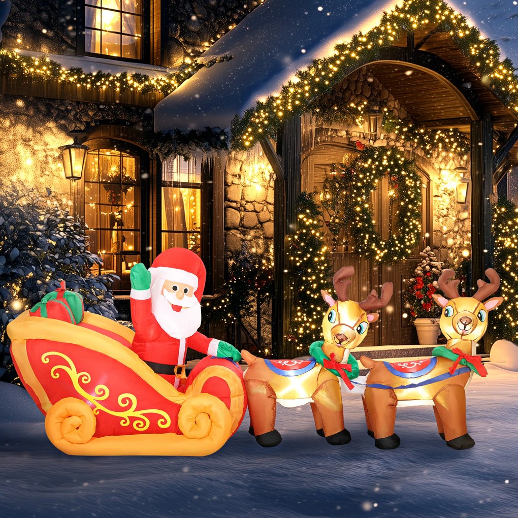 Outsunny Nafukovací vánoční dekorace, Santa Claus v saních tažených soby, polyester