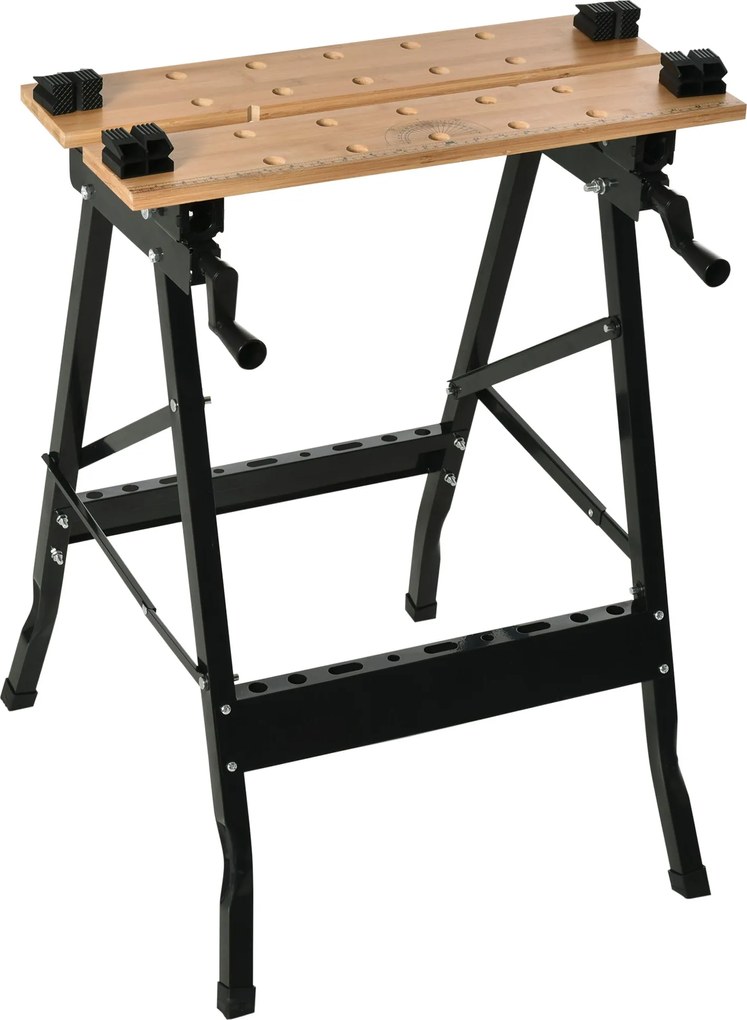 Skládací přenosný pracovní stůl HOMCOM s nastavitelnými bambusovými a ocelovými deskami 150 kg nosnost 63,5x60,5x78 cm Přírodní dřevo a černá | Aosom