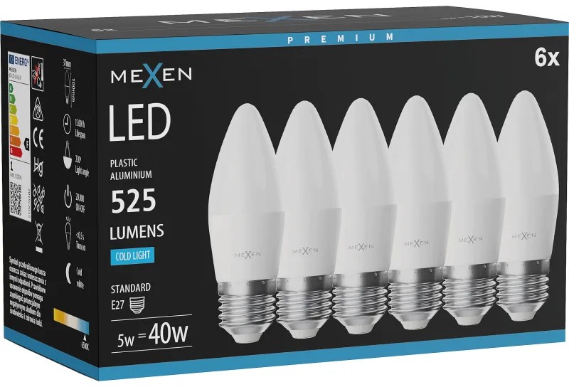Mexen Nova 6x LED žárovka E27, C37, 5W, Studená - 6500K, 525 lm - L102-E27-0565-01x06