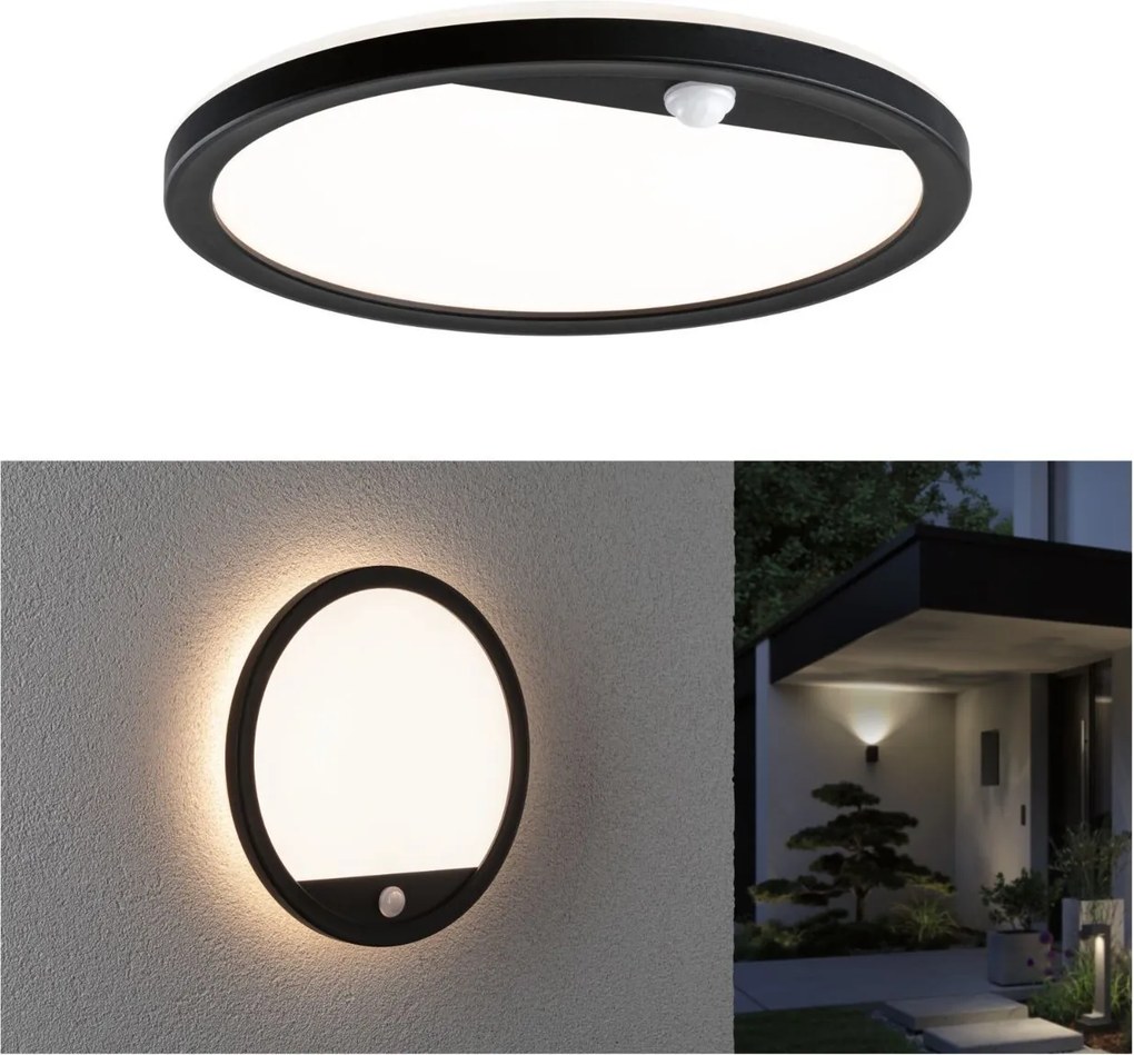 P 94664 LED venkovní panel Lamina vč. pohybové čidlo IP44 kruhové 280mm 3000K 14,5W 230V černá umělá hmota - PAULMANN