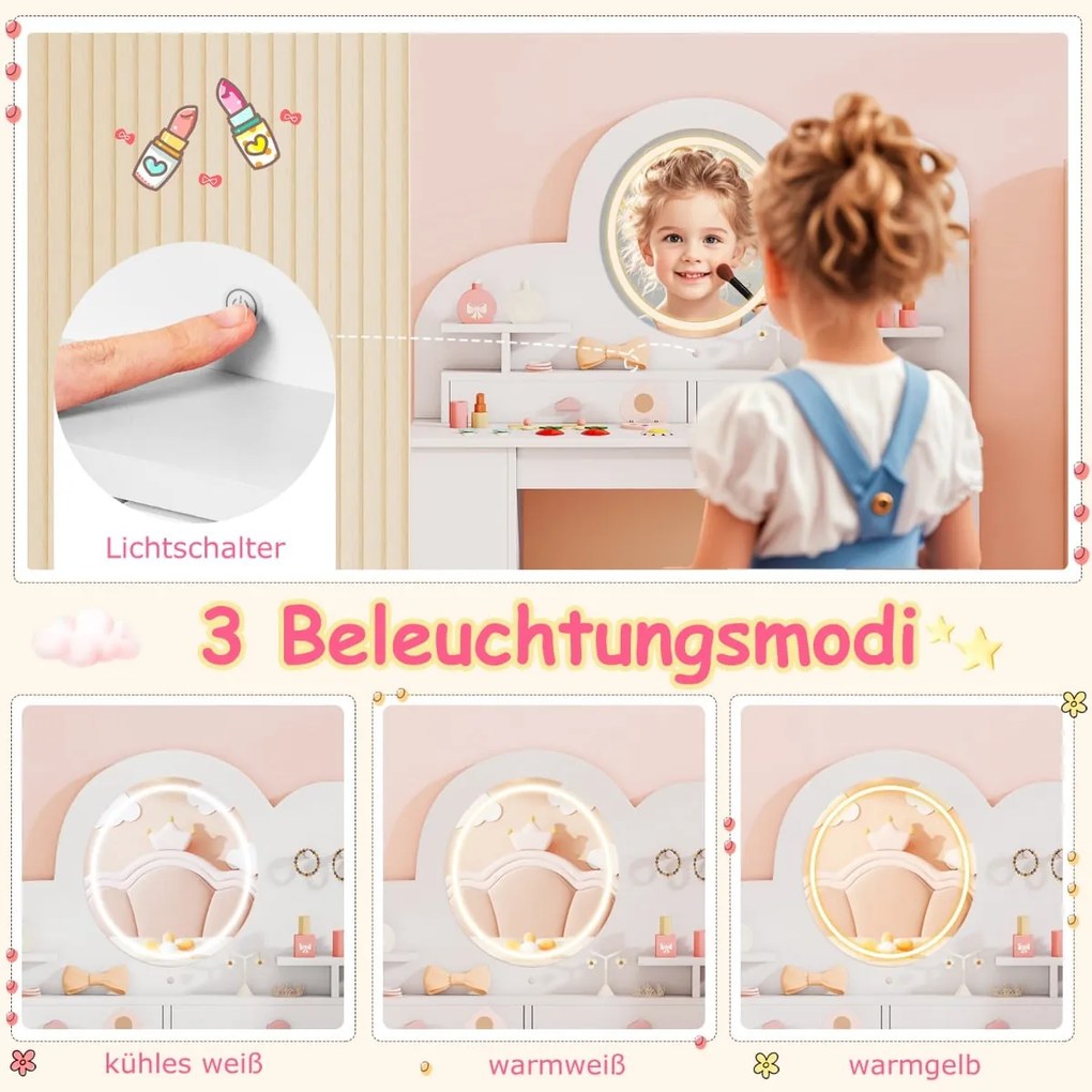 Costway Dětský toaletní stolek s osvětlením Sada toaletního a židlí Princess s 2