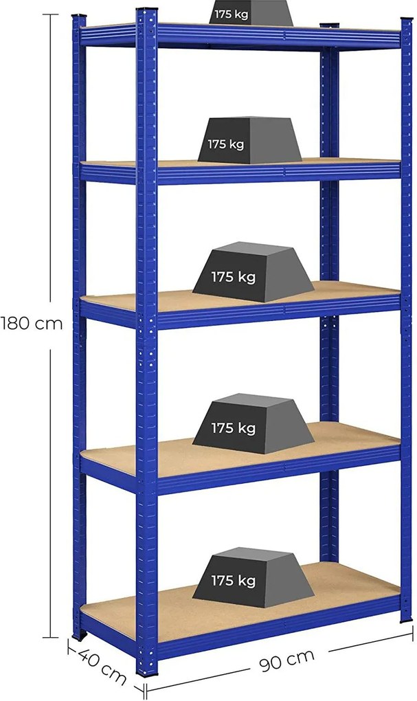 Velká nosná kovová úložná police, 5patrová salgó police 180x90x40, modrá
