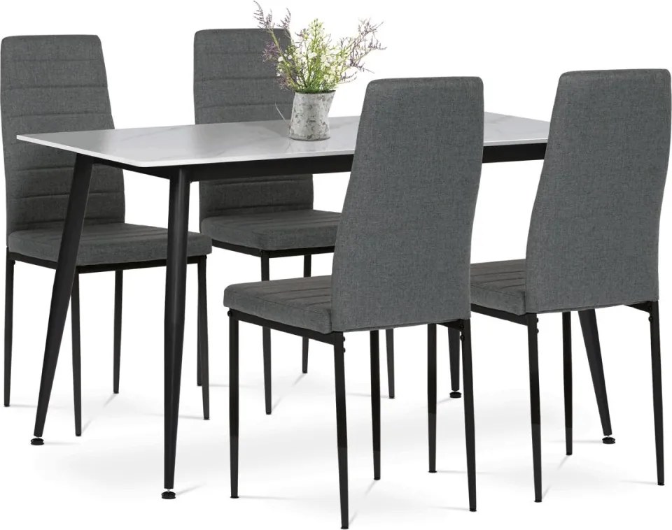 Jídelní set 1+4, stůl 130x70, deska slinutý kámen v imitaci bílého matného mramoru, čer…, židle šedá látka